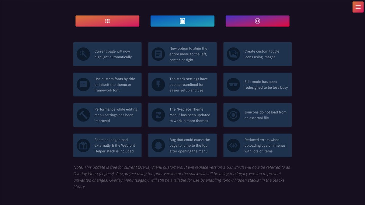 Overlay Menu Stacks Addon by One Little Designer Overlay Menu Stacks Addon by One Little Designer